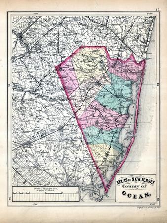 '1873, Ocean County Map, New Jersey, United States' Giclee Print ...