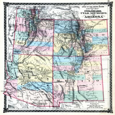 '1875, Colorado, Utah, New Mexico and Arizona States Map, United States ...