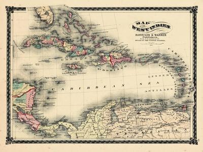 '1876, County Map of Florida, West Indies, Caribbean, Mexico, Cuba ...