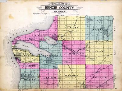 '1915, Benzie County Outline Map, Michigan, United States' Giclee Print ...