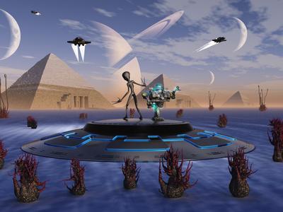 'A Grey Alien Visits the Site of Three Pyramids on an Alien World ...