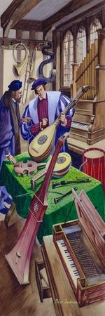 'A Maker of Musical Instruments in His Shop in Tudor times (Gouache on ...