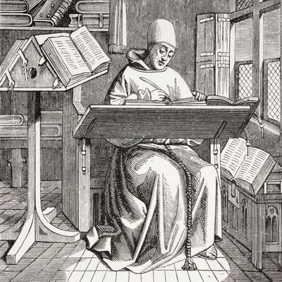 'A Monk Scribe Surrounded by Manuscripts and Books at His Desk, after a ...
