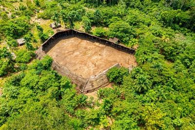 'Aerial of a shabono (yanos), the traditional communal dwellings of the ...