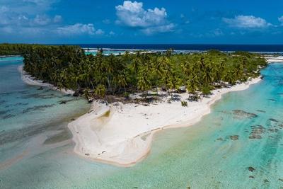 'Aerial of little island with white sand beach, the Ile aux Recifs ...