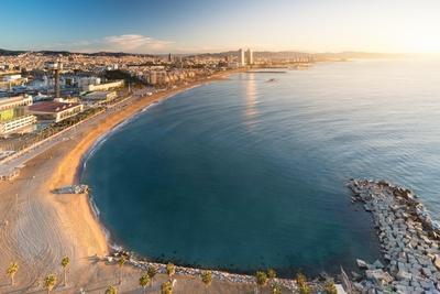 'Aerial view of Barcelona Beach in summer morning along seaside in ...