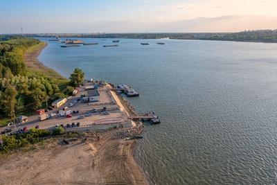 Aerial view of Danube ferry near Galati City, Romania. Danube River ...