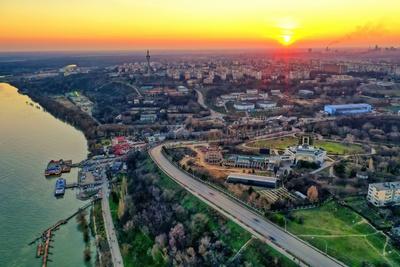 'Aerial view of Galati City, Romania. Danube River near city with ...