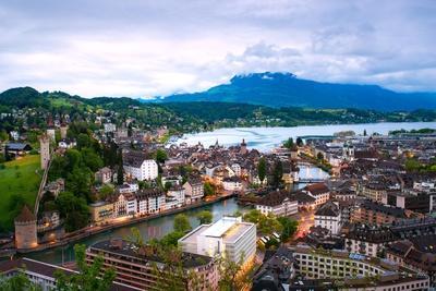 Aerial view of the red tiled roofs of the old town of Lucerne with ...