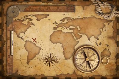 'Aged Treasure Map, Ruler, Rope And Old Brass Compass Still Life ...
