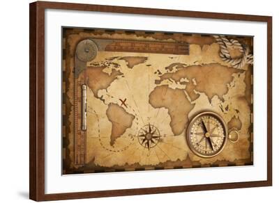 'Aged Treasure Map, Ruler, Rope And Old Brass Compass Still Life ...