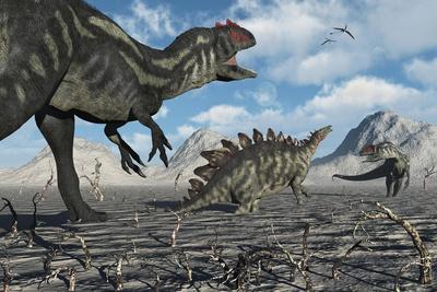 'Allosaurus Dinosaurs Moving in to Kill a Stegosaurus Trapped in a Mud ...
