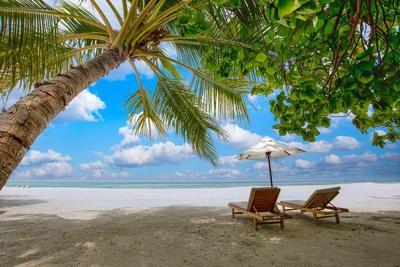 'Amazing vacation beach. Couple chairs together by the sea banner ...