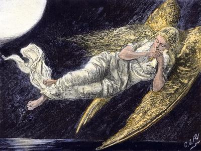 'Angel Flying in the Sky with a Dove in His Hands. 19Th Century Colour ...