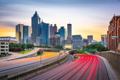 'Atlanta, Georgia, USA downtown skyline over the highways at dusk ...