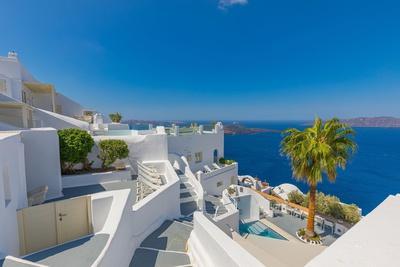 'Beautiful panoramic street view on the mediterranean blue sea, caldera ...