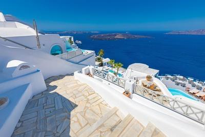 'Beautiful panoramic street view on the mediterranean blue sea, caldera ...