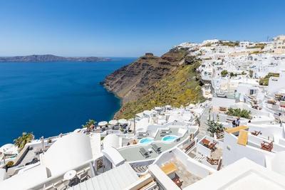 Beautiful panoramic view of picturesque town in Santorini, caldera and ...