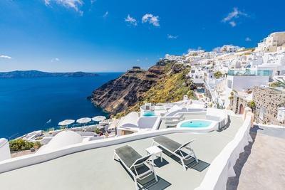 'Beautiful panoramic view of picturesque town in Santorini, caldera and ...