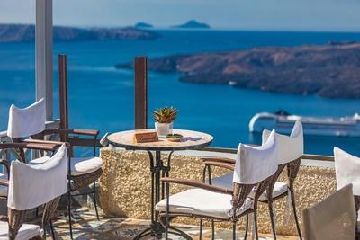 'Beautiful terrace with sea view. Santorini island, Greece. Summer ...
