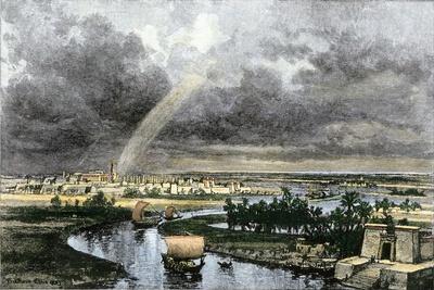 'Boat from Ancient Egypt on the Nile Approaching the City of Tanis ...