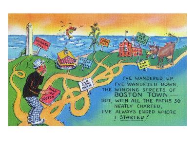 'Boston, Massachusetts - Comical Cartoon About Boston's Winding Streets ...