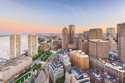 'Boston, Massachusetts, USA downtown cityscape at dusk over Atlantic ...