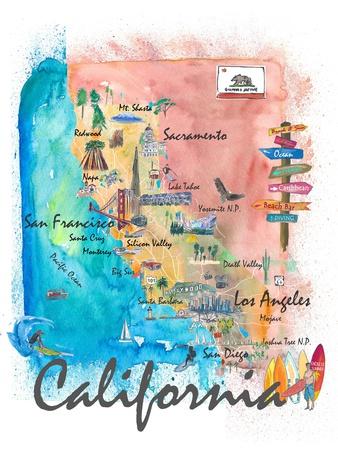 'California Illustrated Map with Tourist Highlights and Roads 2nd ...