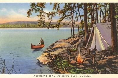 'Canoe, Camping at Chippewa Lake, Michigan' Prints | AllPosters.com