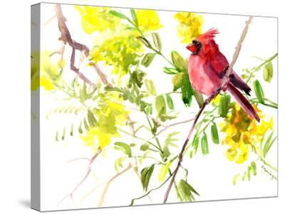 'Cardinal And Yellow Flowers' Stretched Canvas Print - Suren Nersisyan ...