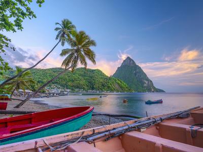 'Caribbean, St Lucia, Soufriere Bay, Soufriere Beach and Petit Piton ...