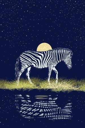 Zebra at Waterhole Moonrise Giclee Print - Carlo Kaminski | AllPosters.com