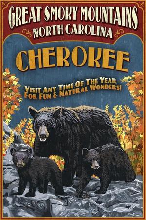 'Cherokee, North Carolina - Black Bear Vintage Sign' Art - Lantern ...