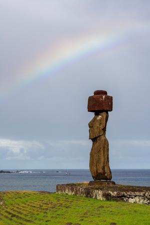 'Chile, Easter Island, aka Rapa Nui, Ahu Tahai. Moai with rainbow ...