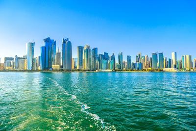 'Cityscape of Doha West Bay skyline from boat trip in Doha Bay at ...
