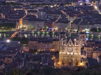 'Cityscape, River Saone and Cathedral St. Jean at Night, Lyons (Lyon ...