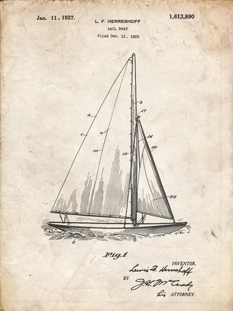 'PP878-Vintage Parchment Herreshoff R 40' Gamecock Racing Sailboat ...