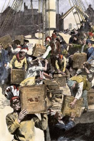 'Colonists Dressed as Indians Dumping Tea in Boston Harbor, c.1773 ...