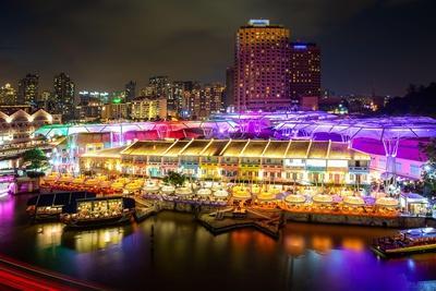 'Colorful light building at night in Clarke Quay market with river at ...
