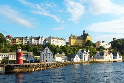 'Colorful scene in Alesund port town on western coast of Norway. Pier ...