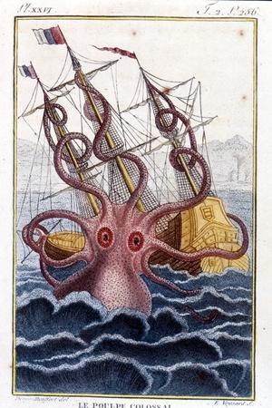'Colossal Octopus (Octopus, Giant Squid, Kraken) Attacking a Ship (Ship ...