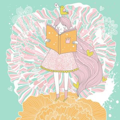'Cute Small Princess Reading a Book on Flower. Pastel Colored Girl with ...