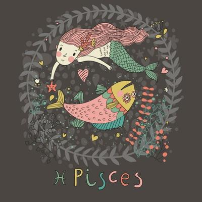 'Cute Zodiac Sign - Pisces. Vector Illustration. Little Mermaid ...