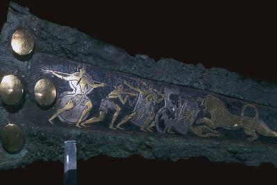 'Detail of inlay on a Mycenaean bronze dagger showing a lion hunt, 16th ...