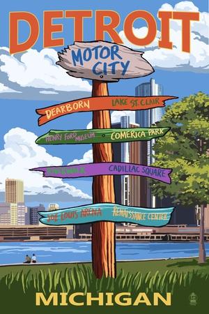 'Detroit, Michigan - Sign Post' Prints - Lantern Press | AllPosters.com