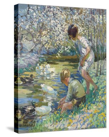 'Children Playing Beside a Stream' Stretched Canvas Print - Dorothea ...