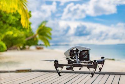 Drone flying over sea coast and palm trees. Tropical footage or photo ...
