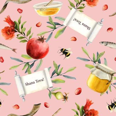 'Shana Tova Greeting Watercolor Seamless Pattern on Pastel Pink ...