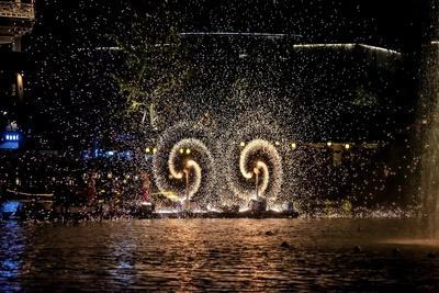 Molten iron being spun to form spectacular sparks. WuNvZhou Resort ...