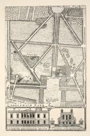 'Map of Greenwich Park, a South View of the Ranger's House, a North ...